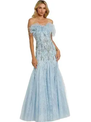 Mac Duggal Feather Embellished Strapless Trumpet Gown - Powder Blue