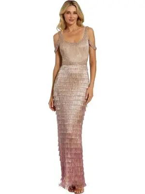 Mac Duggal Embellished Fringe Gown - Pink Ombre