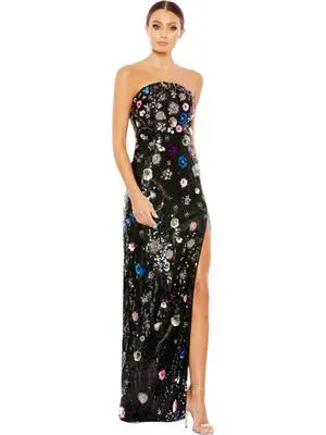 Mac Duggal Floral Sequin Embellished Strapless Column Gown - Black Multi