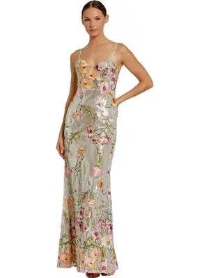 Mac Duggal Sleeveless Floral Applique Sequin Gown - Multicolor