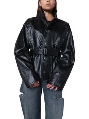 MAISON MARGIELA Cotton Laminated Belted Jacket - Black
