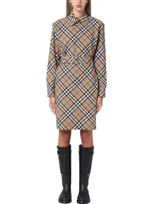 Burberry Check Wool Blend Chemise Midi Dress - Beige