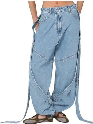 Attico Wide Leg Denim Jeans With Ribbon Detail - Blue