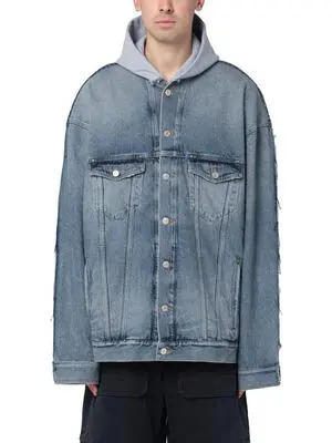 Balenciaga Denim And Fleece Jacket With Logo - Blue