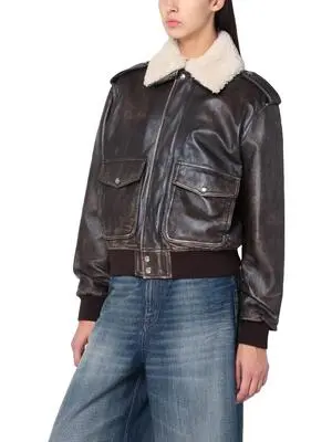 HALFBOY Leather Bomber Jacket With Shearling Collar - Brown