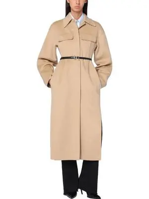 Sportmax Virgin Wool Coat With Belt - Beige