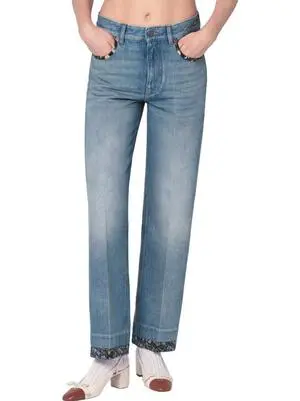 Valentino Garavani Washed Denim Jeans With Floral Trims - Blue