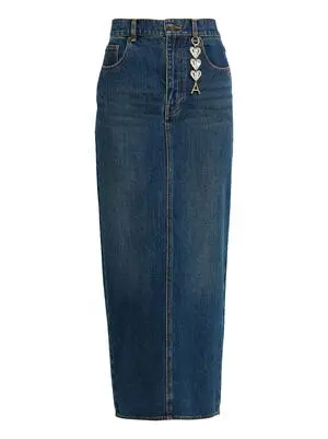 AREA Embellished Denim Midi Skirt - Mid Denim