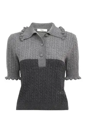 Chloé Cable-knit Polo Top With Ruffled Trim - Grey