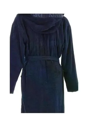 Emporio Armani Hooded Bathrobe With Jacquard Logo - Blue