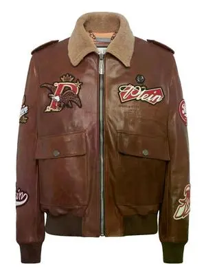 Philipp Plein Embroidered Leather Jacket - Brown