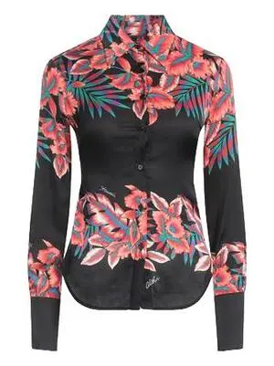 Pinko Satin Shirt With Floral Print And Brand Logo - Black