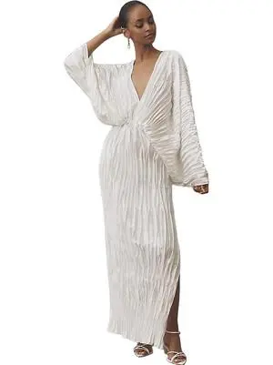 L'IDEE De Luxe Long-sleeve V-neck Pleated Maxi Dress - Ivory
