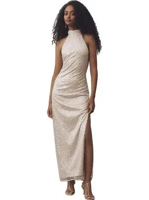 Bhldn High-neck Sequin Slim Maxi Dress - Chai