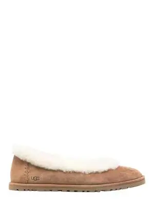 UGG Fur Trim Leather Flat Shoes - Brown
