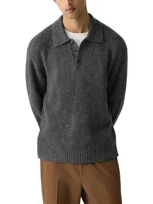 Theory Ribbed Long Sleeve Polo Sweater - Charcoal