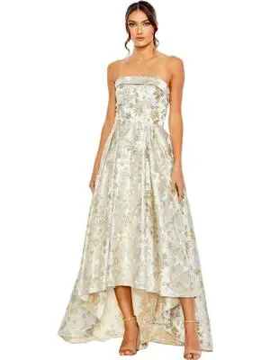 Mac Duggal Brocade Strapless Floral High-low Gown - White Gold