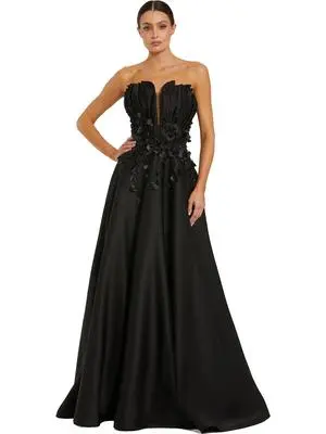 Mac Duggal Strapless Satin Floral Embellished Ball Gown - Black