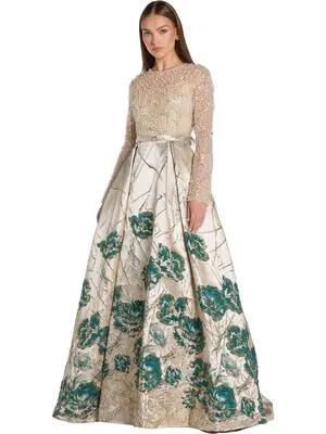 Mac Duggal Floral Brocade Embellished Ball Gown - Champagne Teal