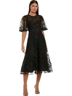 Mac Duggal Floral Embroidered Mesh Midi Dress - Black
