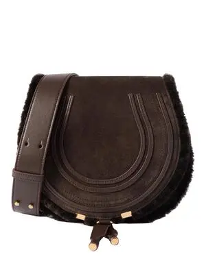 Chloé Marcie Leather-trimmed Suede And Shearling Shoulder Bag - Brown
