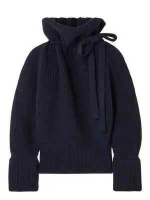 Dries Van Noten Tie-detailed Ribbed Wool Turtleneck Sweater - Blue