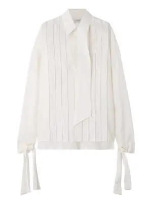 LANVIN Scarf-detailed Embroidered Silk-twill Shirt - White