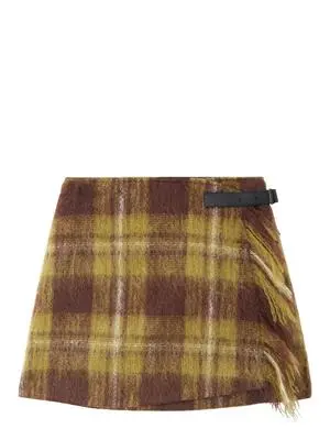 Loewe Leather-trimmed Checked Mohair And Wool-blend Mini Wrap Skirt - Brown