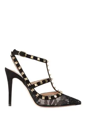 Valentino Garavani Rockstud 100 Suede-trimmed Lace Pumps - Black
