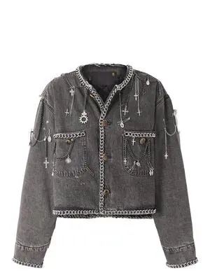 R13 Cropped Embellished Denim Jacket - Gray