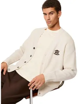 REISS Norris Monogram Embroidered Wool Cardigan - Off White