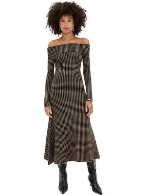 LE BOP Gingham Knit Off-shoulder Midi Dress - Chocolate/black