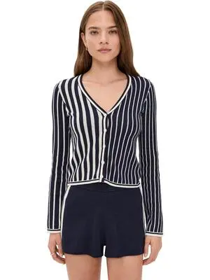 STATE & LAKE Striped Knit Cotton Cardigan - Navy
