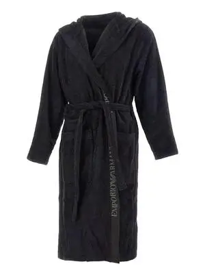 Emporio Armani Logo-trim Hooded Bathrobe - Black