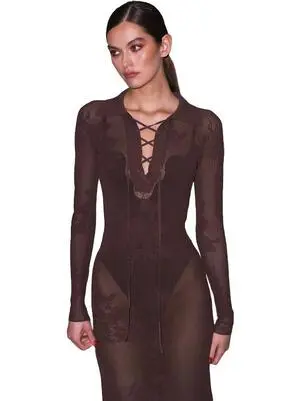 Fleur Du Mal Lace Pointelle Long Sleeve Maxi Dress - Brown