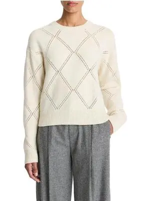 Vince Textured Argyle Italian Wool Crewneck Sweater - White