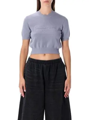 Alexander Wang Cropped Ribbed Chenille Sweater With Embossed Logo - Lavender Grey