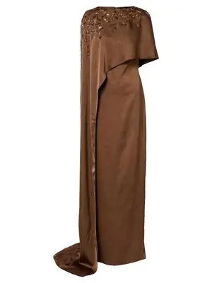 MARMAR HALIM Embellished Caped Draped Gown - Brown