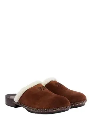 Miu Miu Shearling-lined Suede Clogs - Brown