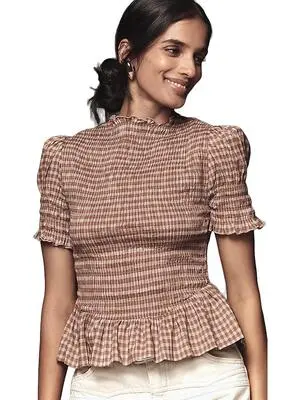 REFORMATION Aggie Puff-sleeve Smocked Peplum Top - Gwendoline