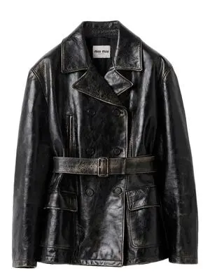 Miu Miu Double-breasted Calf Leather Caban Jacket - Black