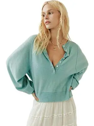 Free People Porta Cashmere Henley Sweater - Green Lily