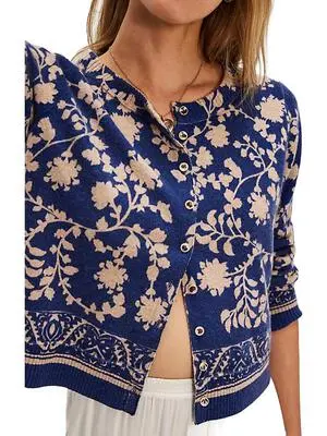 Free People Patterned Cashmere Cardigan Cobalt Combo
