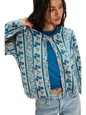Free People Patterned Cashmere Cardigan French Blue Combo