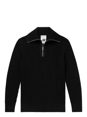 S.N.S. HERNING Fender Ribbed Virgin Wool Half-zip Sweater - Black