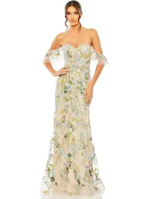 Mac Duggal Floral Embroidered Flutter Sleeve Gown - Pastel Multi