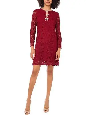 CECE DUPRAZ Bow Trim Floral Lace Dress - Mulberry Red