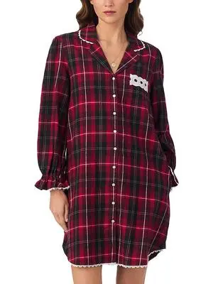 Eileen West Long Sleeve Cotton Flannel Notch Collar Nightshirt - Red/plaid