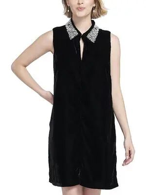 ELLE COLLECTION Beaded Collar Velvet Dress - Black