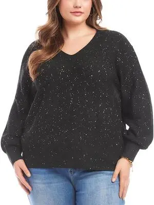 Karen Kane Sequin V-neck Sweater - Black